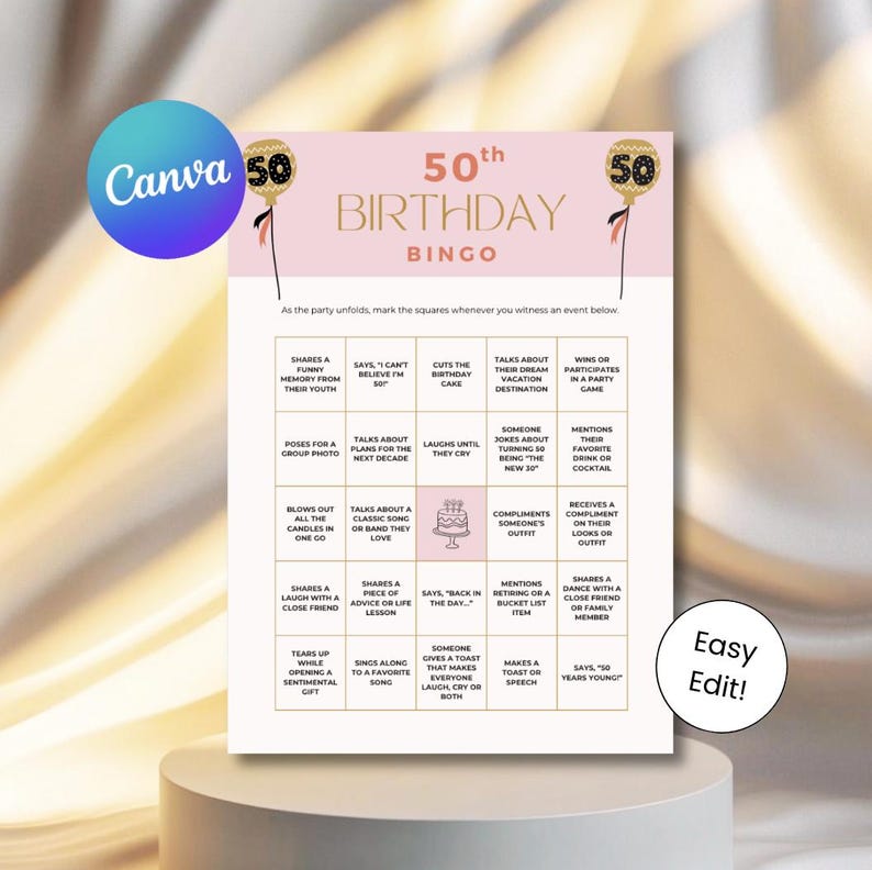 50th Birthday Bingo Cards – Editable Tenplate, Birthday Party Games, Aesthetic Birthday Bingo ...