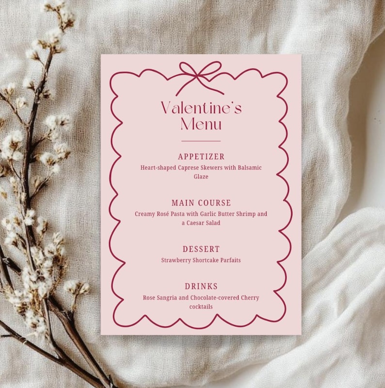GALENTINES DAY MENU – Pink and Red Menu, Bow Menu Template, Valentine's ...