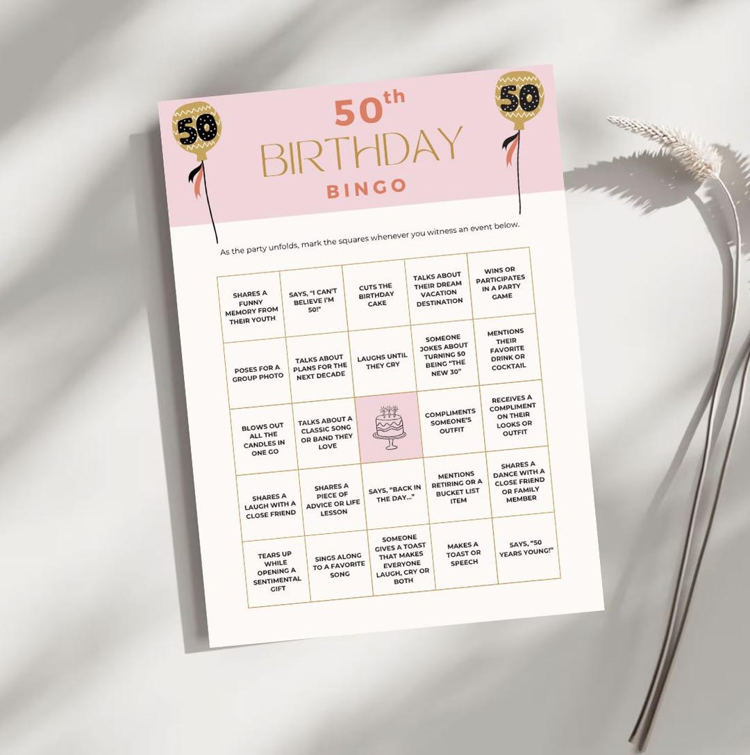 50th Birthday Bingo Cards – Editable Tenplate, Birthday Party Games, Aesthetic Birthday Bingo ...