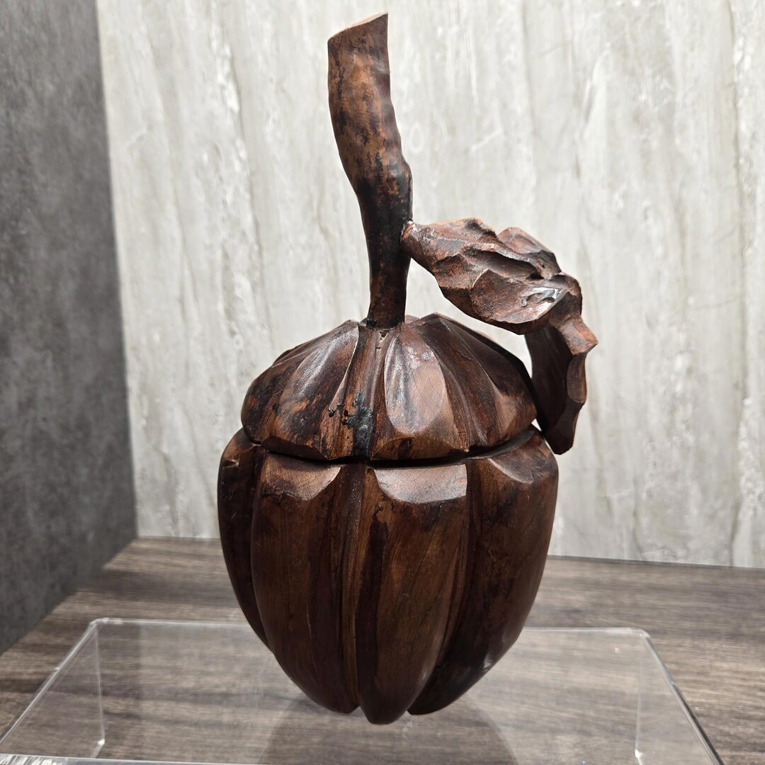 Large Carved Wood Acorn Lidded Container W/ Stem & Leaf 11” Tall Rustic ...
