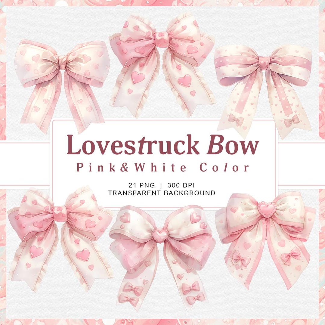 Lovestruck Bow Clipart - 21 Pink & White Heart Bows, 300 DPI Digital ...
