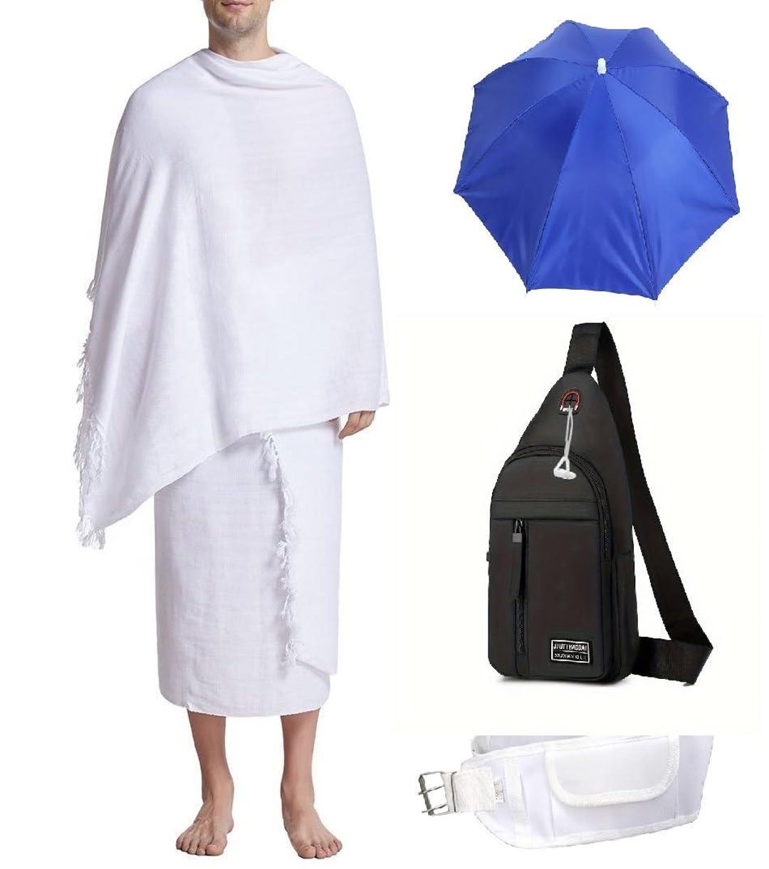 Men's Muslim White Hajj Ehram/ihram Bundle - Ehram, Sidebag, Umbrella ...