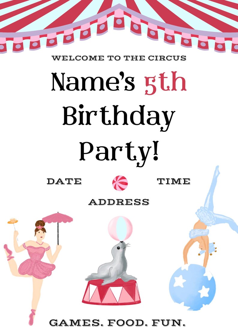 Whimsical Circus Birthday Invitation, Acrobat & Performer Party Invite ...