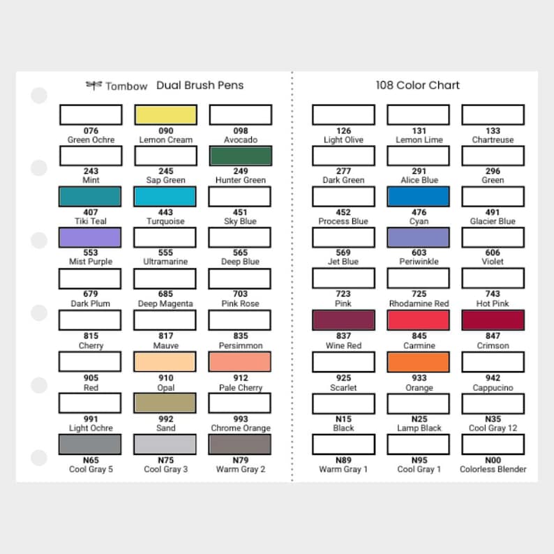 Tombow Dual Brush Pens 108 Color Chart | Pocket Size Insert | Digital ...