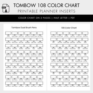 Tombow Dual Brush Pens 108 Color Chart | Half Letter Insert | Digital ...