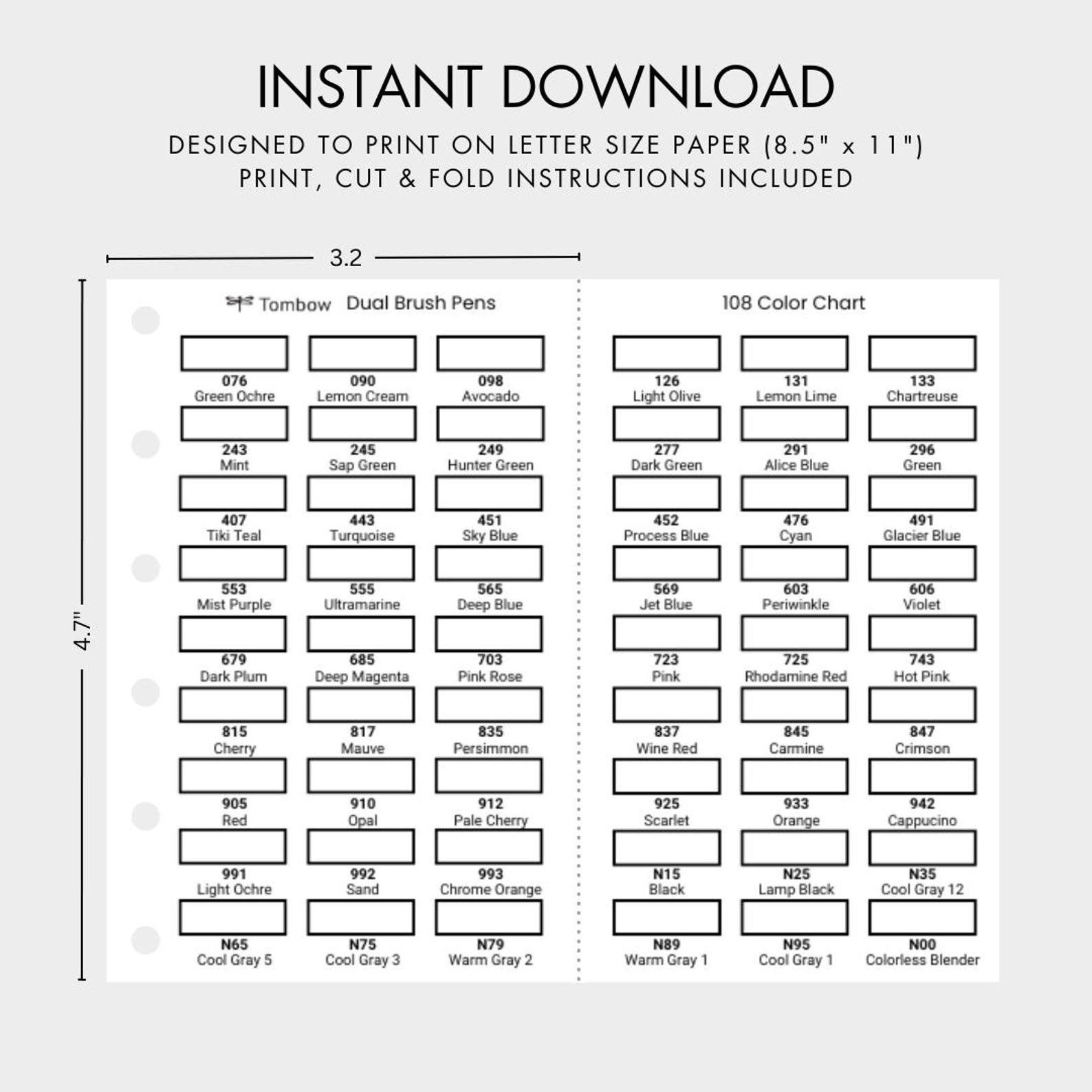 Tombow Dual Brush Pens 108 Color Chart | Pocket Size Insert | Digital ...