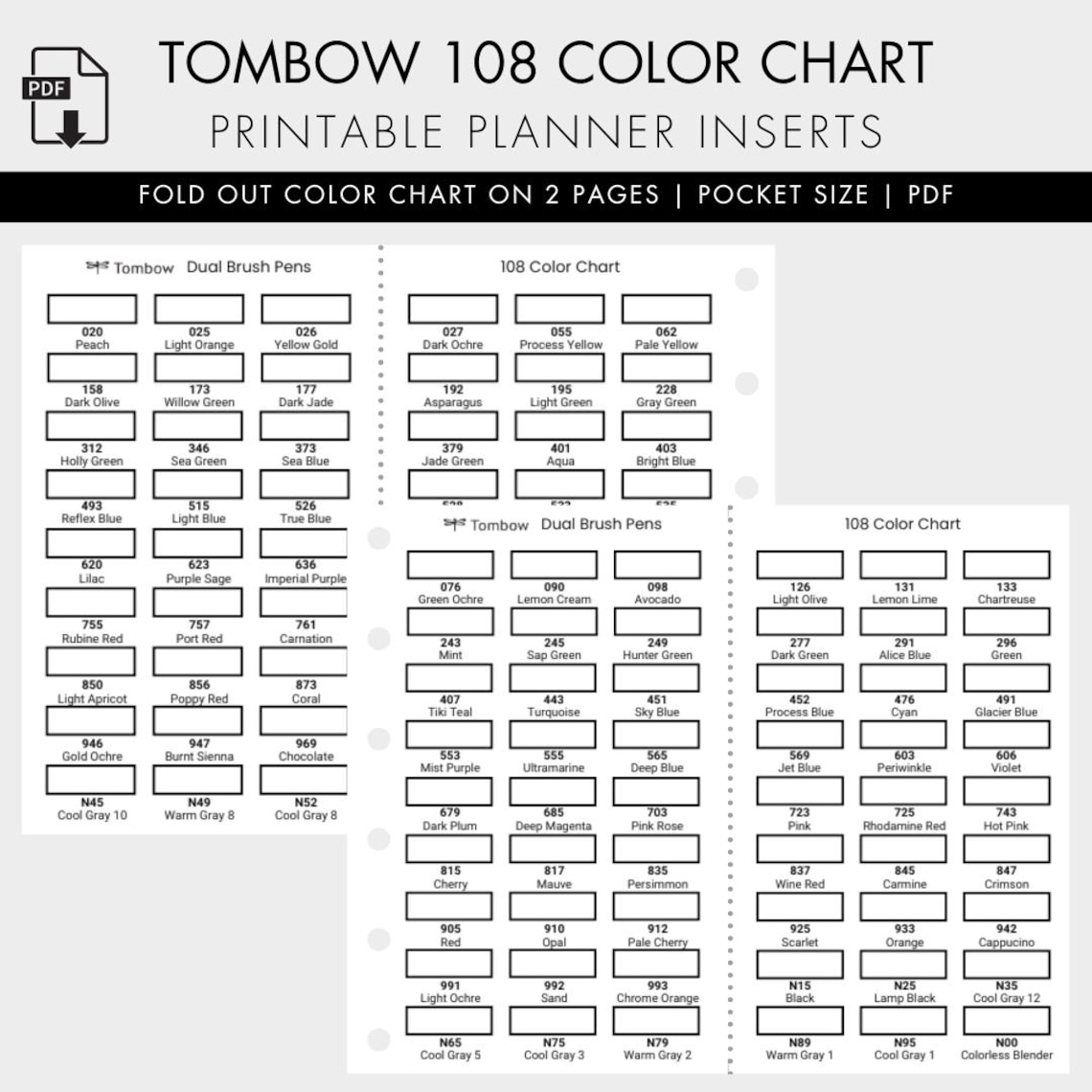 Tombow Dual Brush Pens 108 Color Chart | Pocket Size Insert | Digital ...