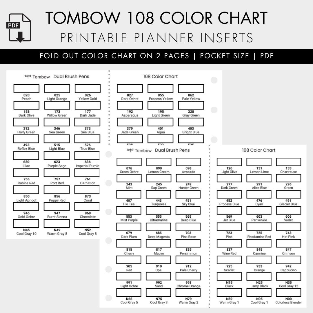 Tombow Dual Brush Pens 108 Color Chart | Pocket Size Insert | Digital ...