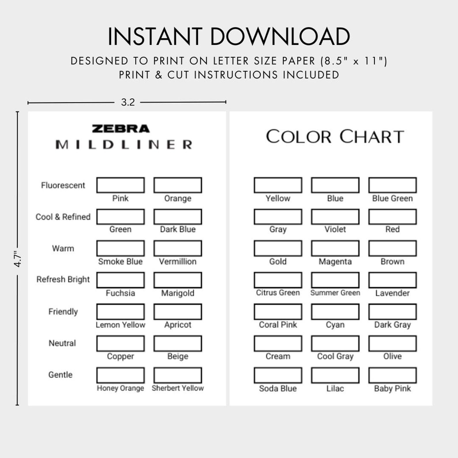 Zebra Mildliner Color Chart | Pocket Size Insert | Digital Download - Etsy