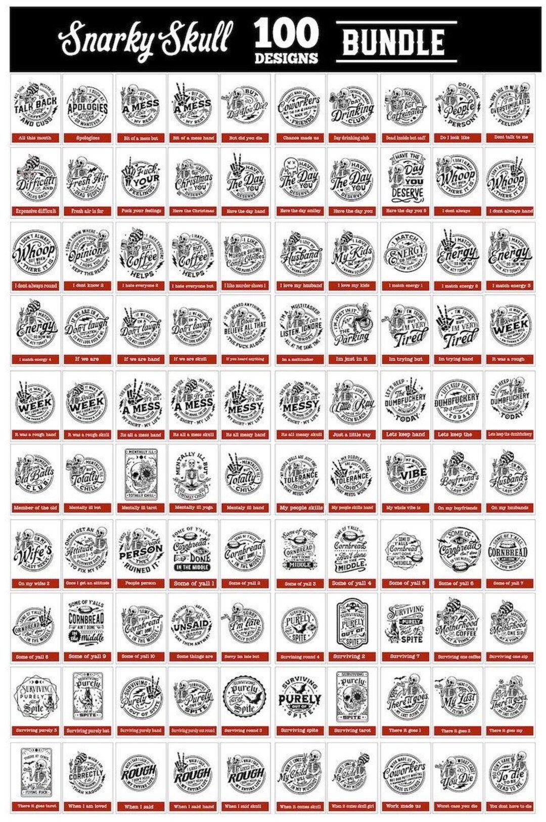 100 Snarky Skulls Mega Bundle Designs SVG, Adult Humor Svg, Sarcastic ...