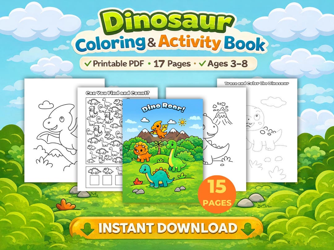 Dinosaur Coloring and Activity Book – 17 Pages Printable PDF (ages 3-8 ...