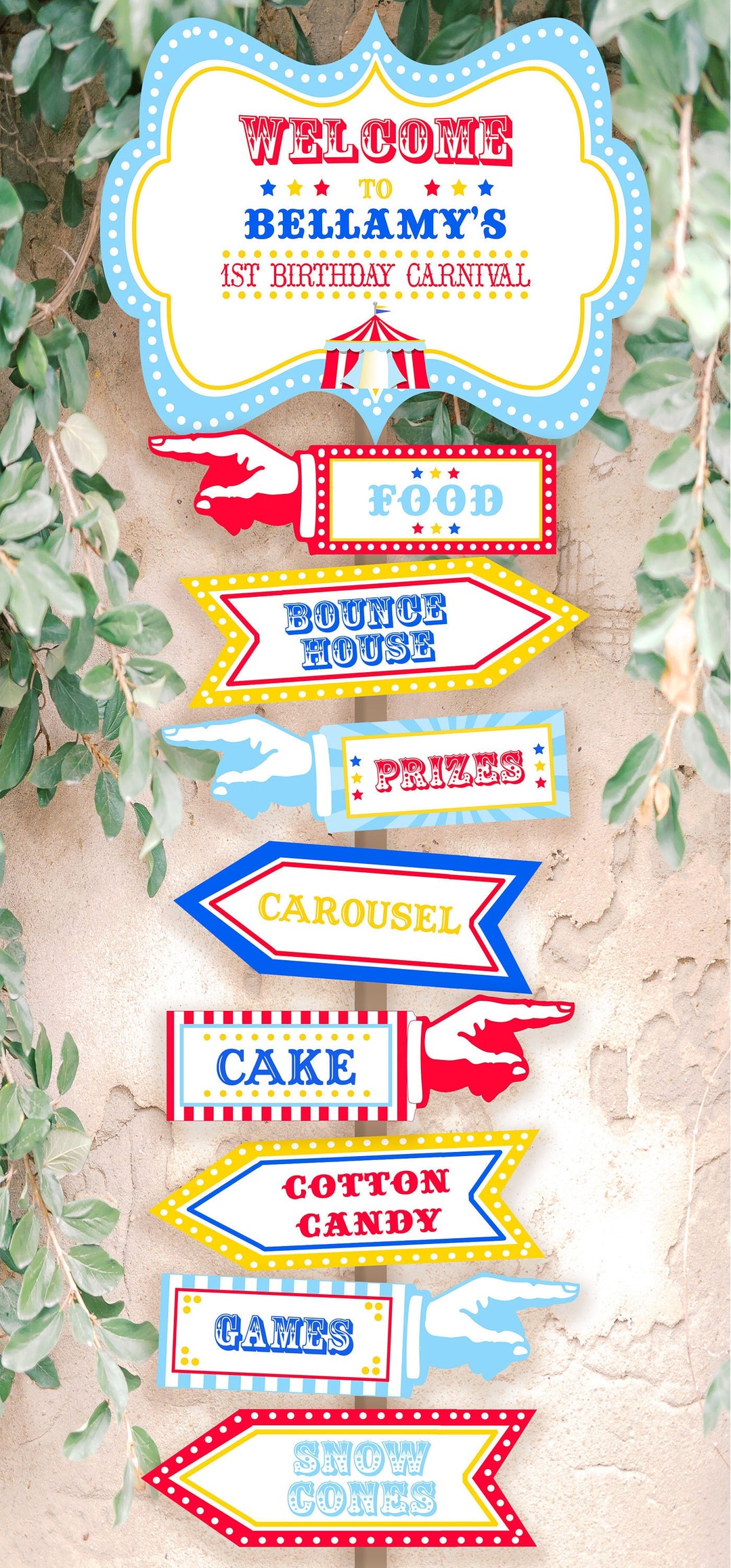 PRINTED Red & Blue Carnival Directional Signs Set of 9 Signs Choose ...