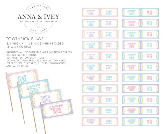PRINTABLE Pastel Circus/Carnival Ticket Toothpick Flags | Food Picks ...