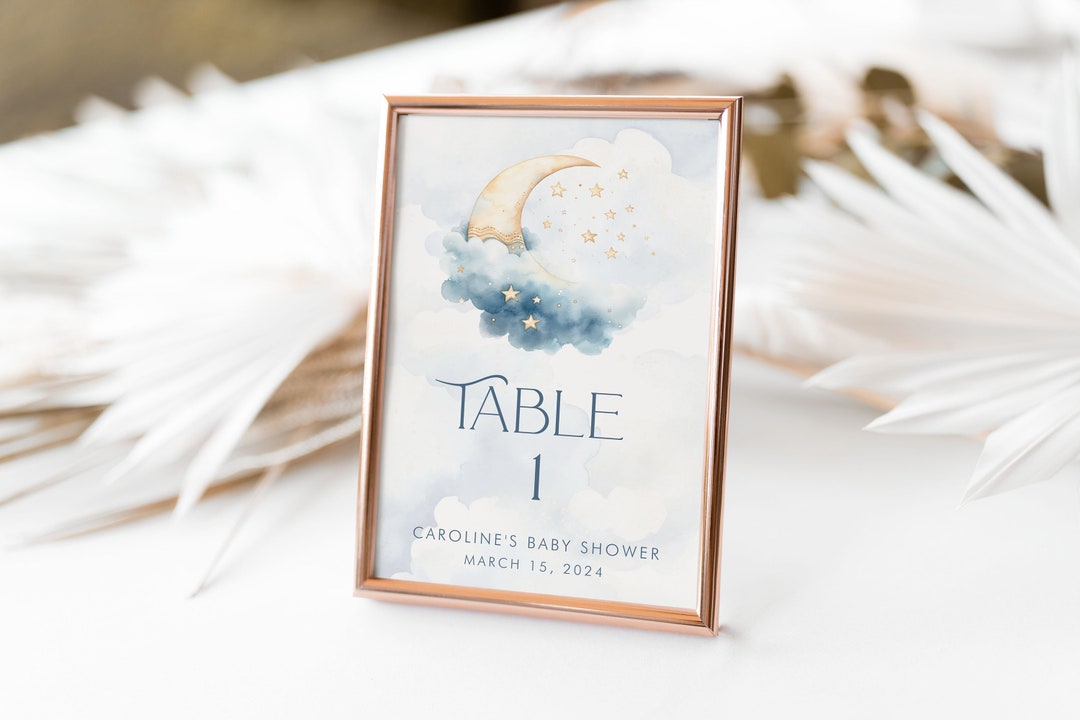 PRINTABLE Over the Moon Baby Shower Table Number Card Blue Fully ...
