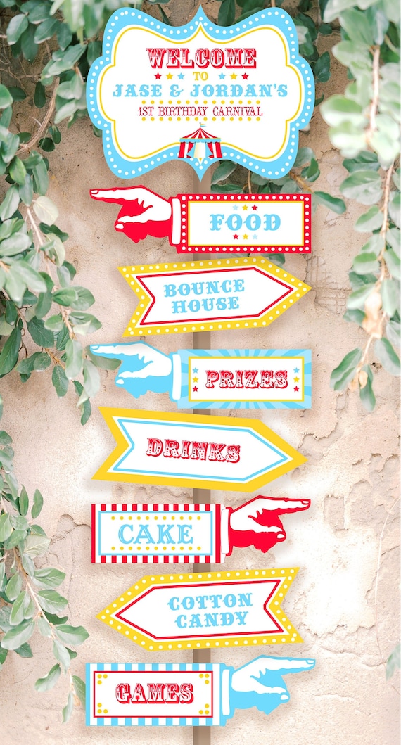 PRINTABLE Bright Red & Light Blue Circus/Carnival Directional Signs ...
