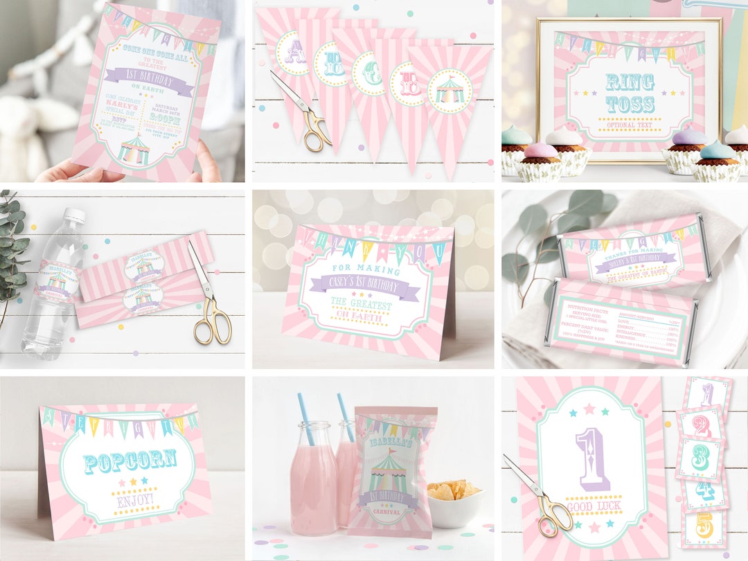 PRINTABLE Pastel Circus/carnival Party Kit- Pink Burst | Edit Text in ...