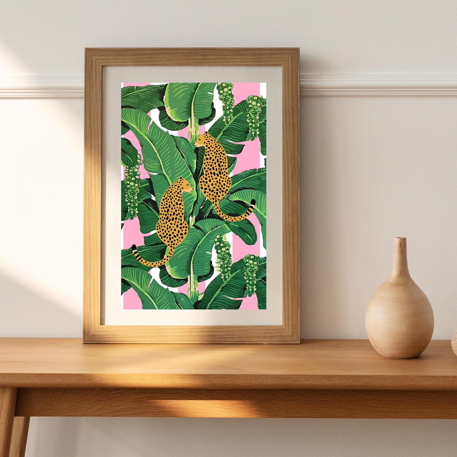 Pink Leopard and Palm Leaf Poster, Preppy Cabana Stripe Art Print ...