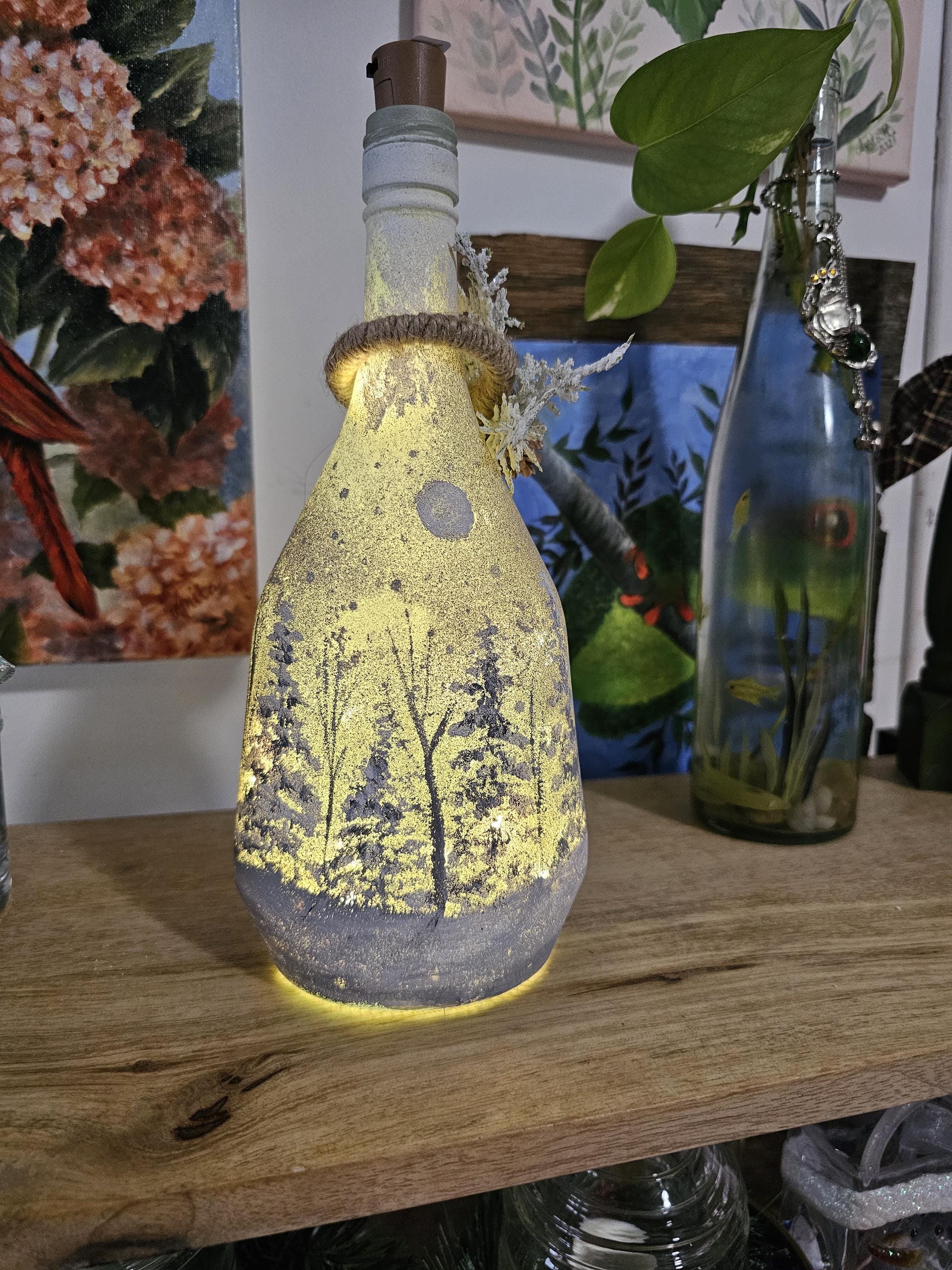 Lighted Winter Scene Hand Painted Bottle - Etsy