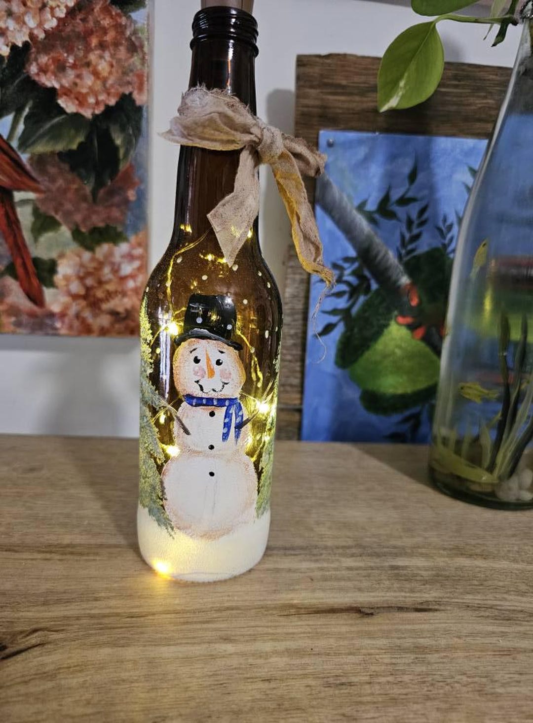 Hand Painted Snowman Bottle With Lights - Etsy