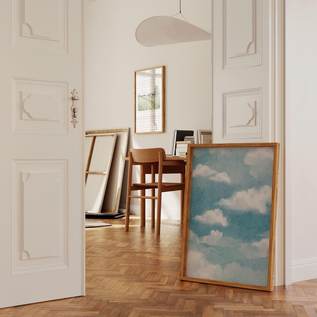 Vintage Blue Cloud Wall Art Aesthetic Painted Sky Poster White Clouds ...
