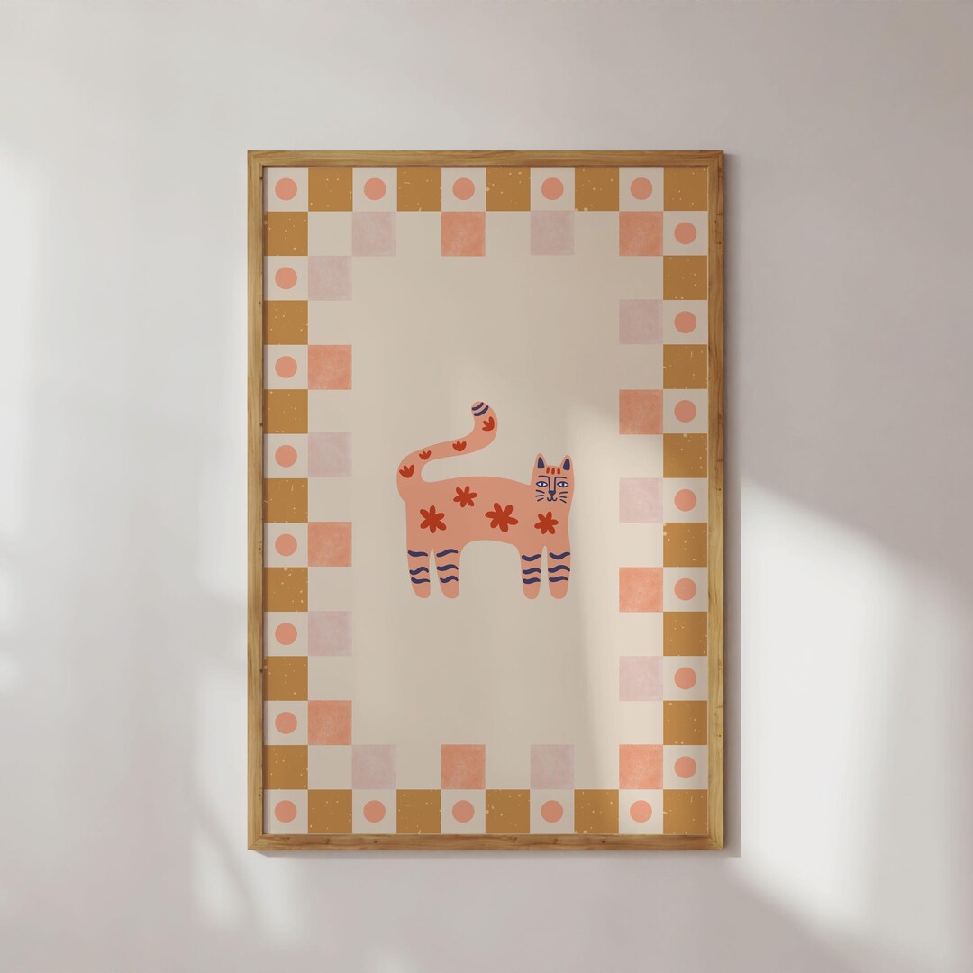 Retro Cat Art, Pink Funky Cat Print, Pink Cat Lover Gift Posters ...