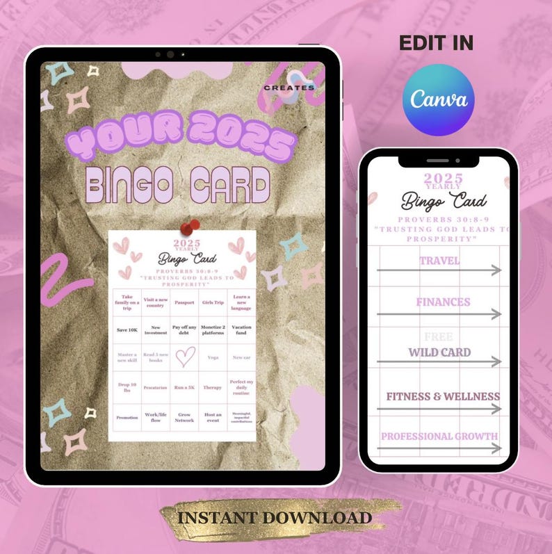 2025 Bingo Card Template yearly editable via Canva Downloadable - Etsy