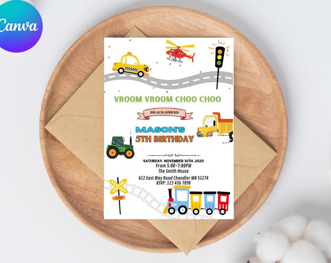 Editable Transportation Birthday Invitation | Kids Vehicle Party Invite ...