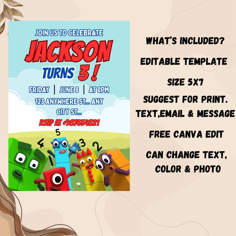 Numberblocks Birthday Party Invitation Template, Editable Canva Design ...