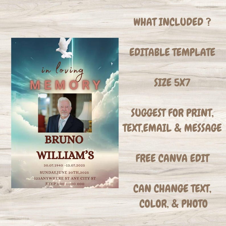 Editable Funeral Invitation Template: Memorial Service Invite (digital ...