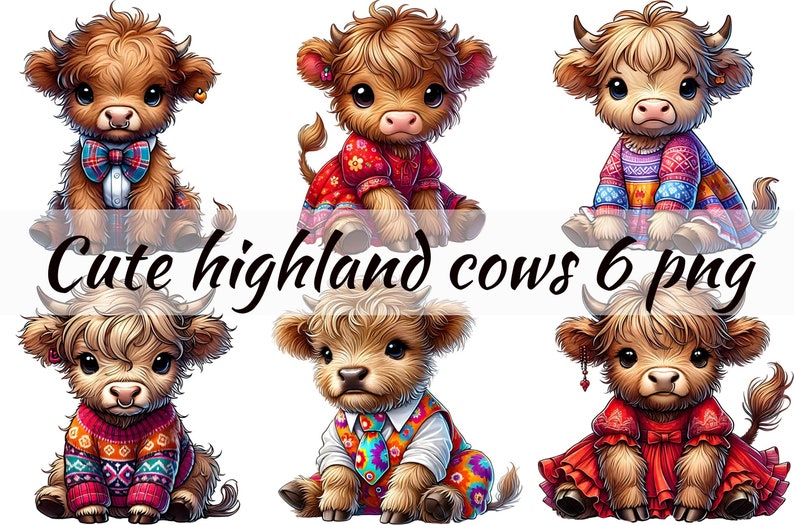 Adorable Cartoon Highland Calves Clipart PNG - Commercial Use Instant ...