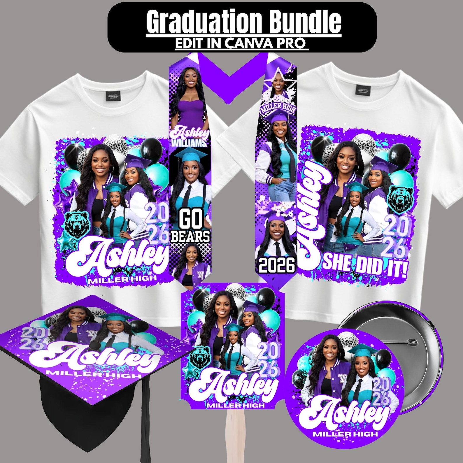 Graduation Bundle Canva Templates: Shirt, Stole, Fan, Button (digital ...