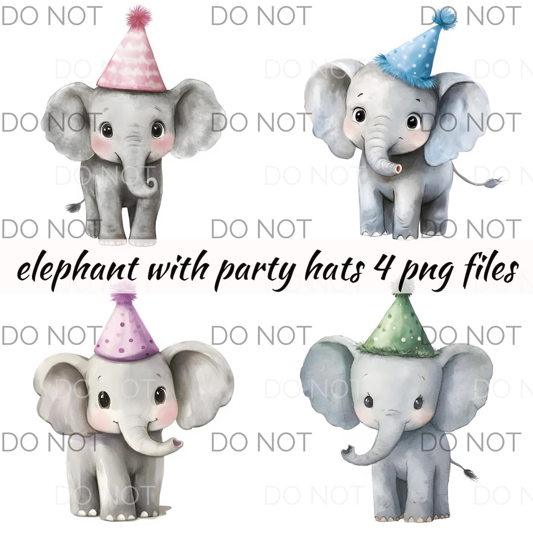Elephant With Party Hat Clipart Png- Watercolor Baby Elephants Party ...