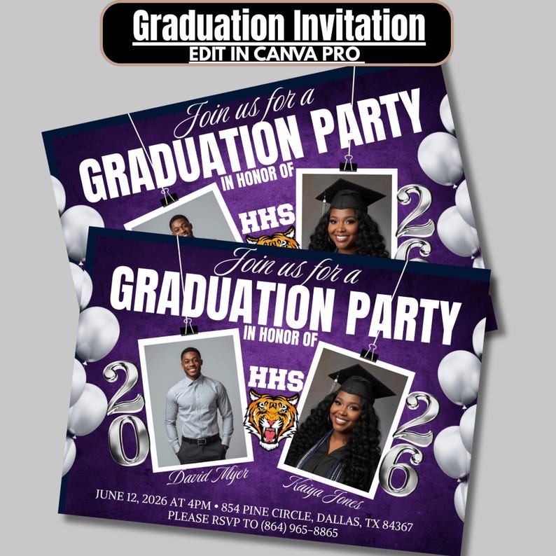 Double Graduation Invitation Template Purple Canva Template Grad Party ...