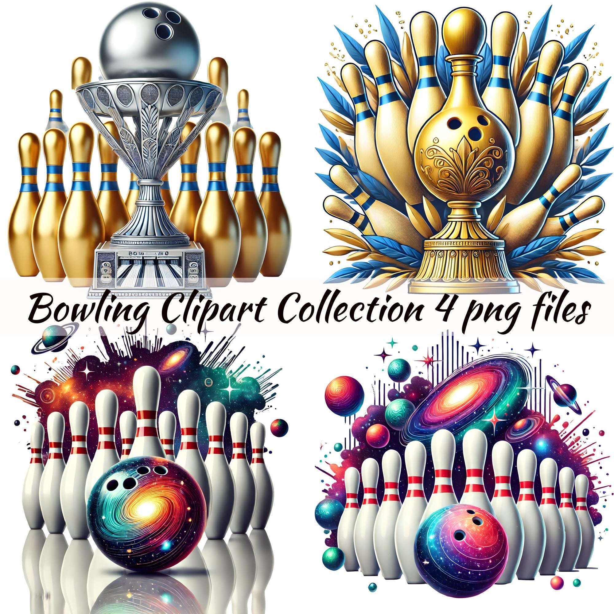 Watercolor Bowling Clipart Collection With Cosmic Themes and Trophies ...