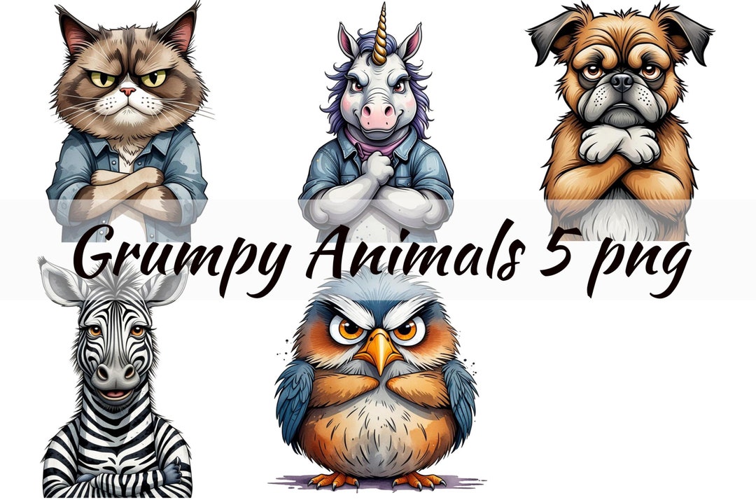 Grumpy Animals PNG Collection - Cartoon Cat, Unicorn, Dog, Zebra, and ...