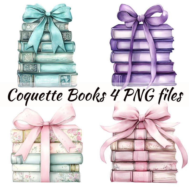 Coquette Books Clipart-watercolor Book Stack Commercial Use-ribbon Bow ...