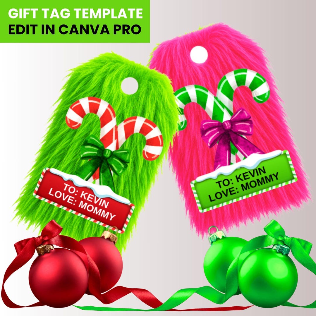 Christmas Gift Tag Canva Template, Fuzzy Green Pink, Editable Candy ...