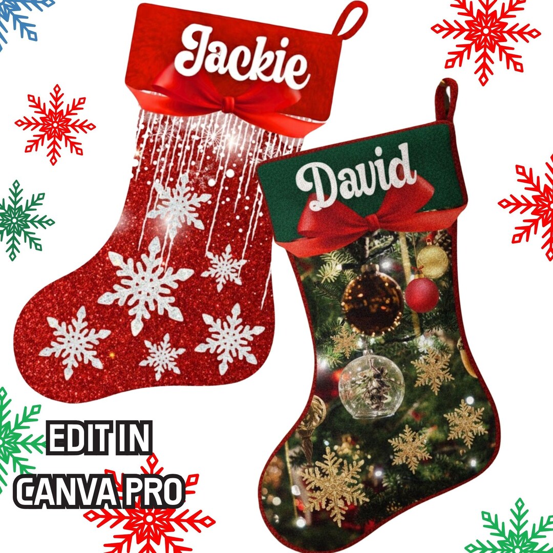 Christmas Stocking Holiday for Canva Template Bundle, Glitter Red Black ...
