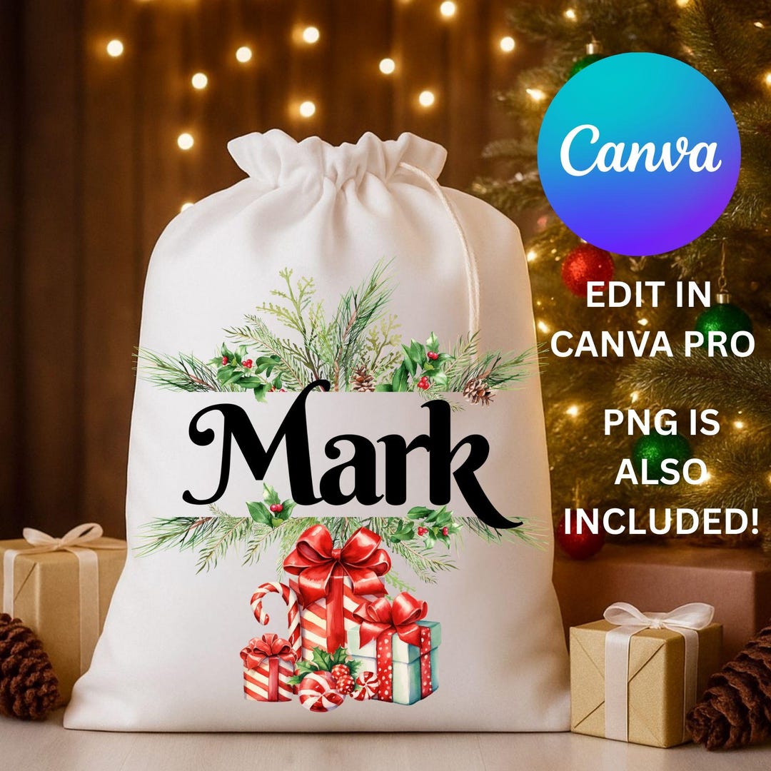 Santa Sack Canva Template Design & Png Personalized Name, Editable ...