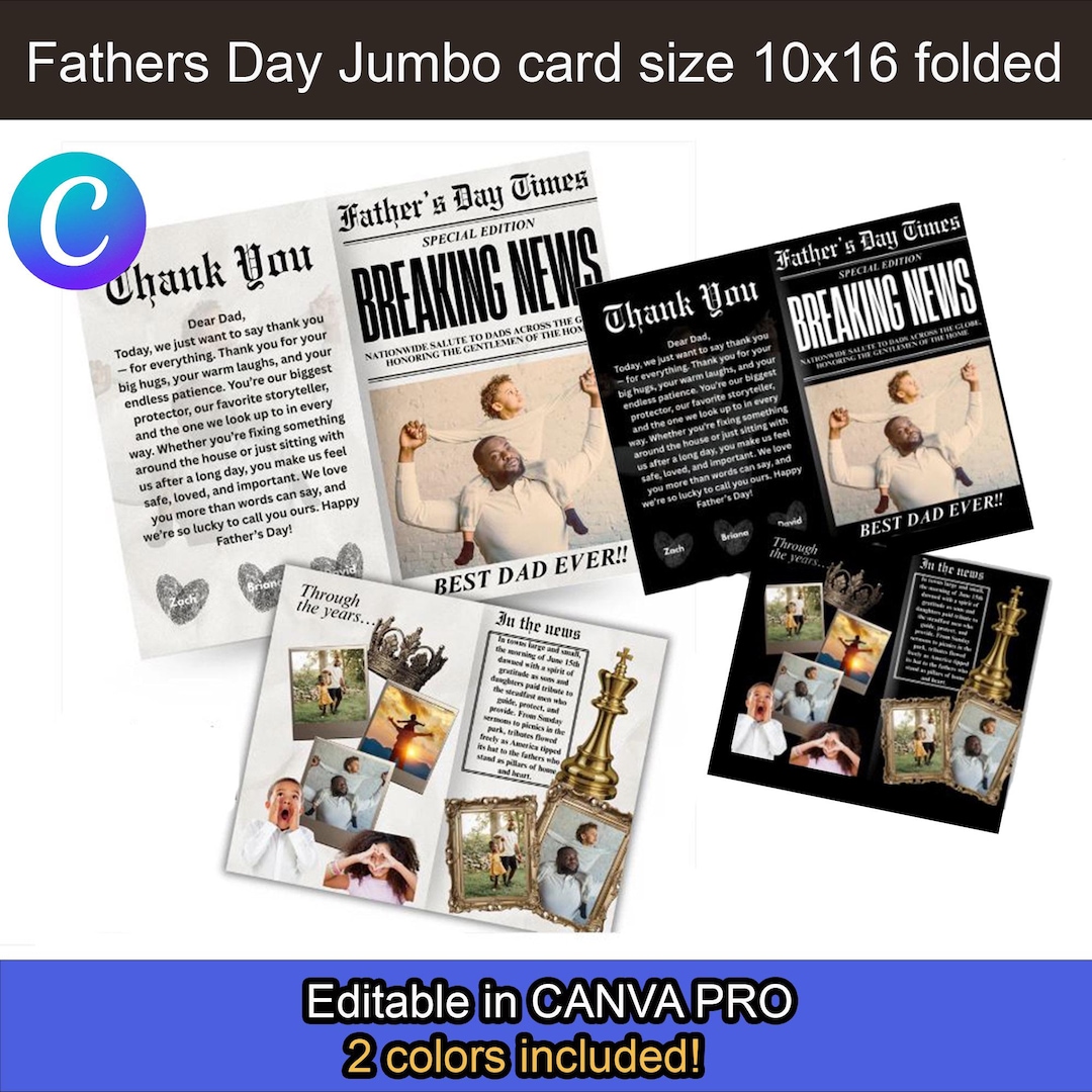 Fathers Day Newspaper for Canva Editable Template Jumbo Card Templates ...