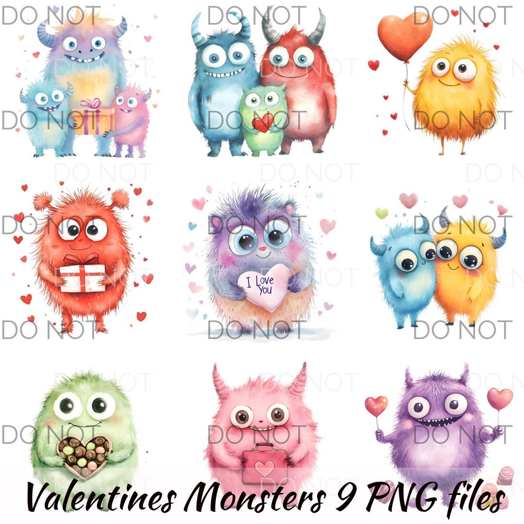 Valentines Monsters Clipart Watercolor Monsters Png- Commercial Use ...