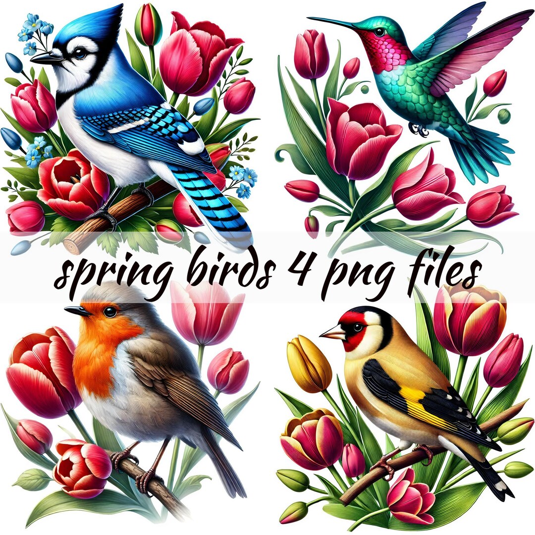 Spring Bird Clipart Bundle With Colorful Flowers - Commerical Use Birds ...
