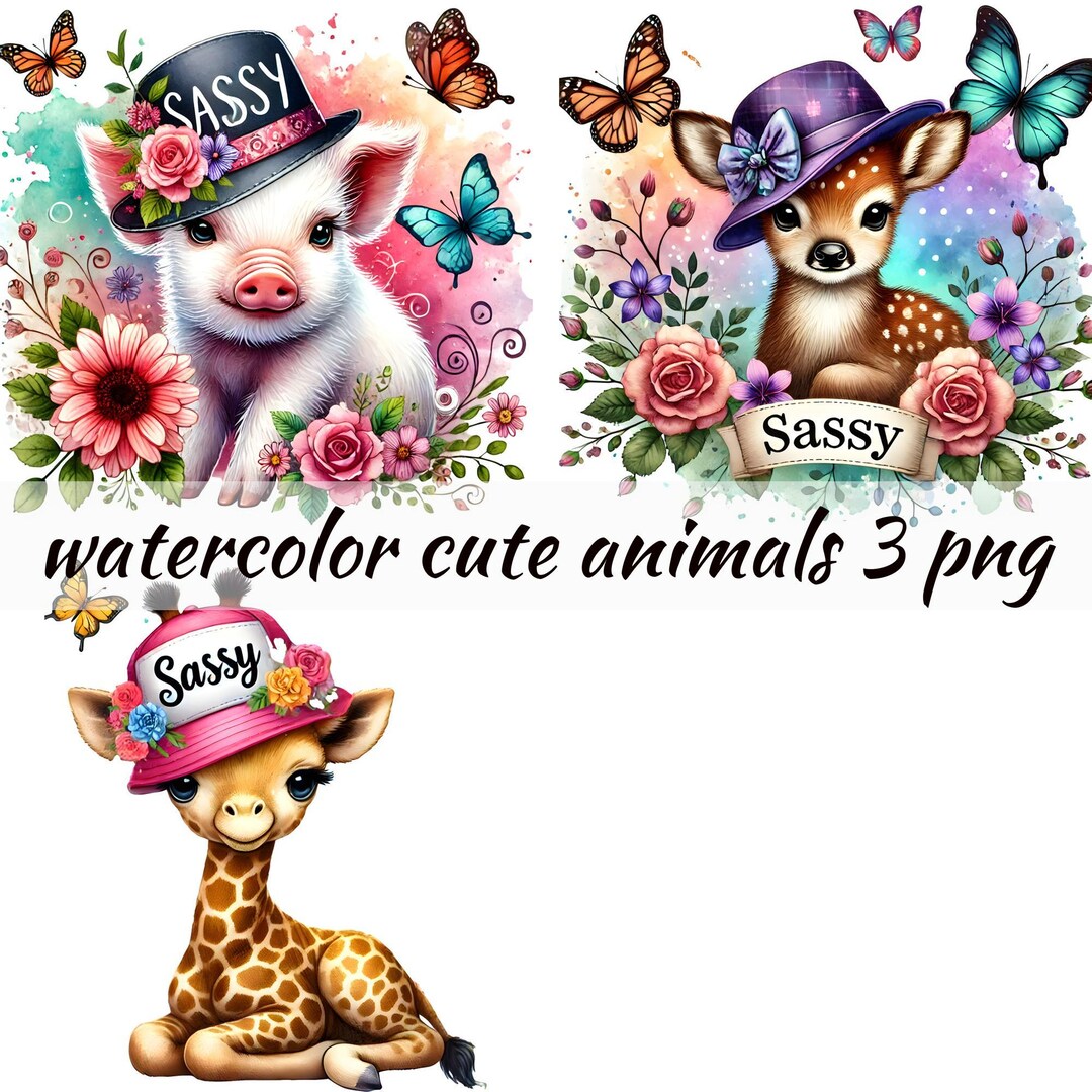 Watercolor Cute Sassy Animals - Adorable Piglet, Fawn, and Giraffe With ...