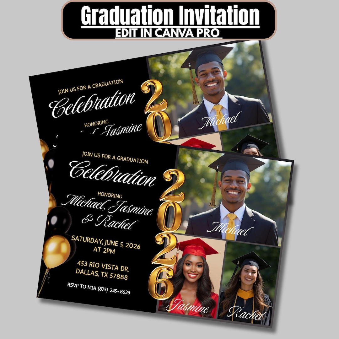 Triple Graduation Party Invite, 3 Graduates Invitation, Canva Editable ...