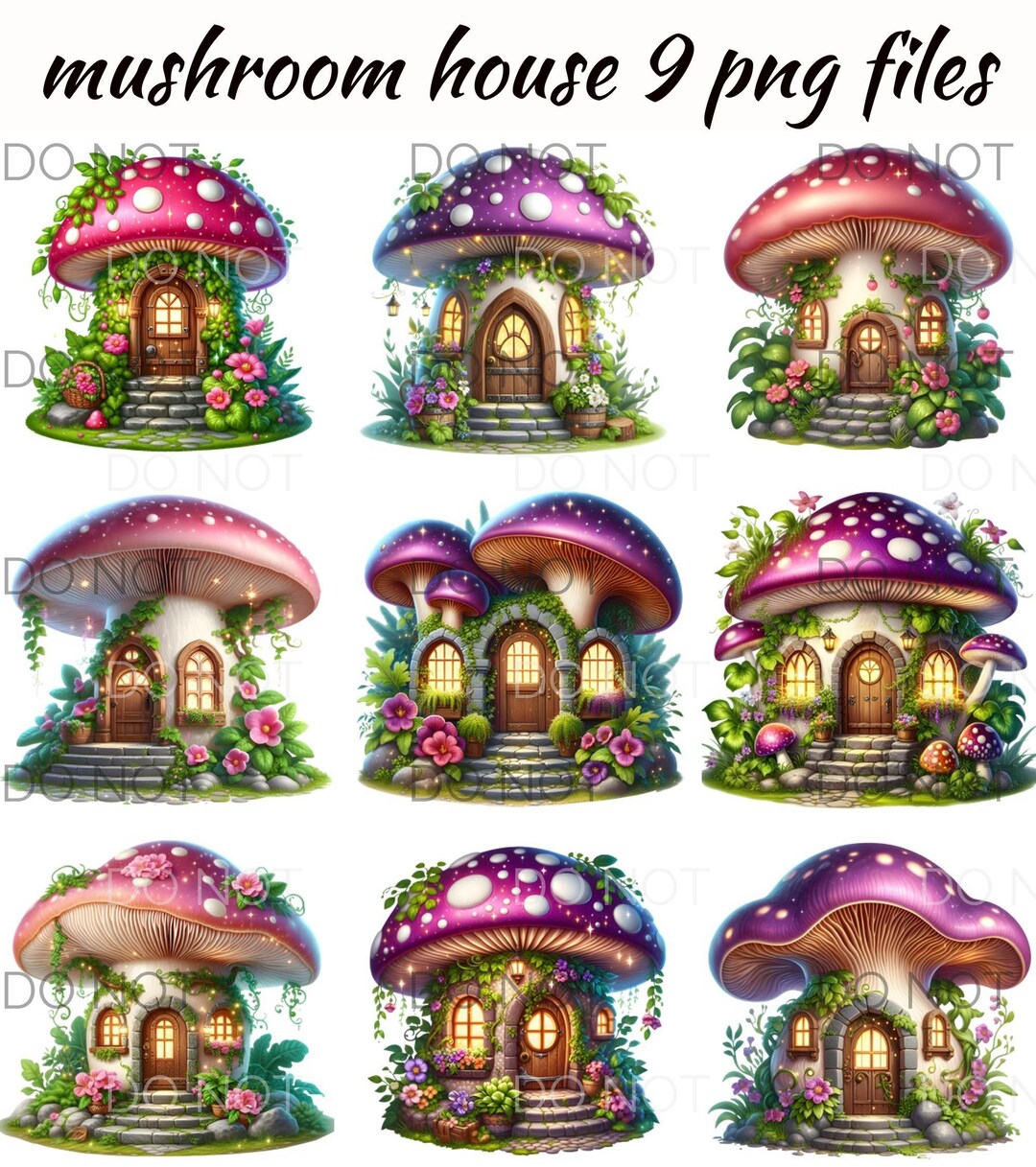Fairy Mushroom House Clipart- Pink Purple Watercolor Fairy Mushroom ...