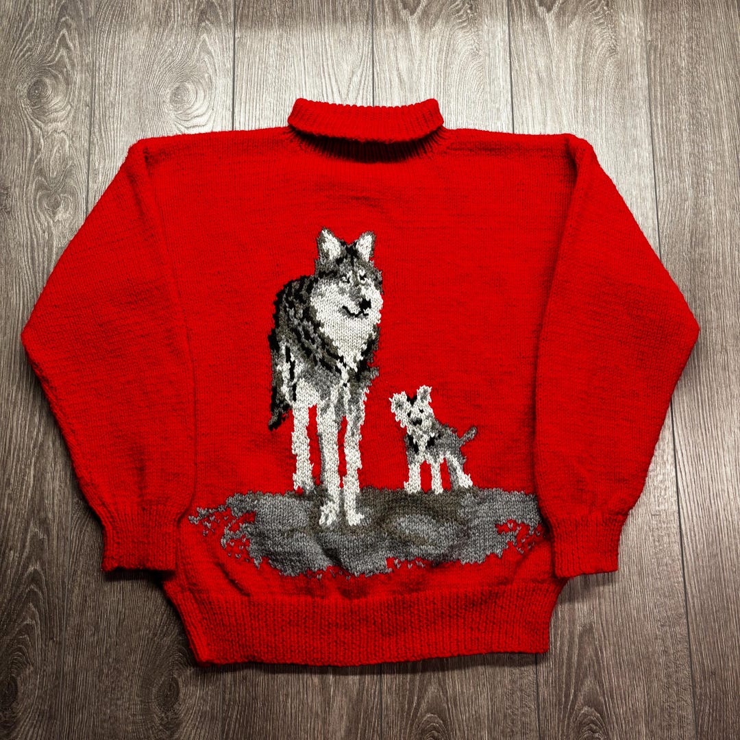 Suéter vintage de lobo de los años 90 tejido a mano, rojo mediano ...