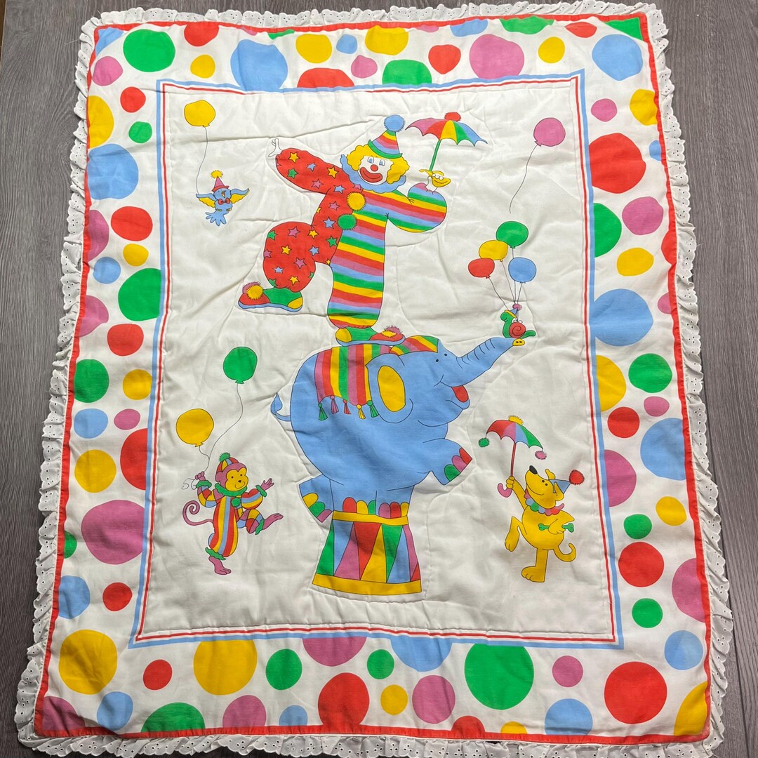 Vintage Clown Circus Baby Blanket Quilt 1980s White Polka Dots 40 X 32 ...