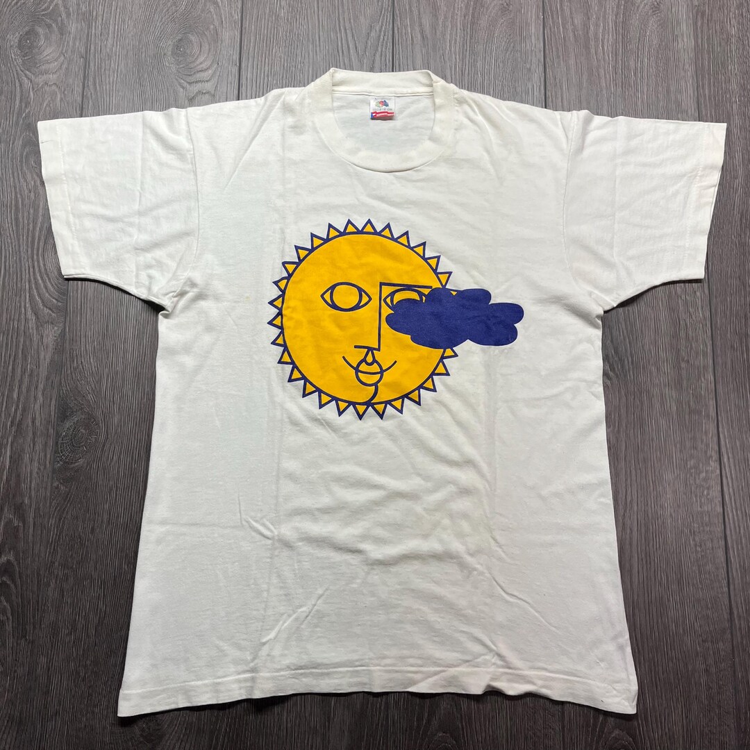 Vintage Hippy Sun Cloud Face 1990s T Shirt L White Single Stitch Rare ...