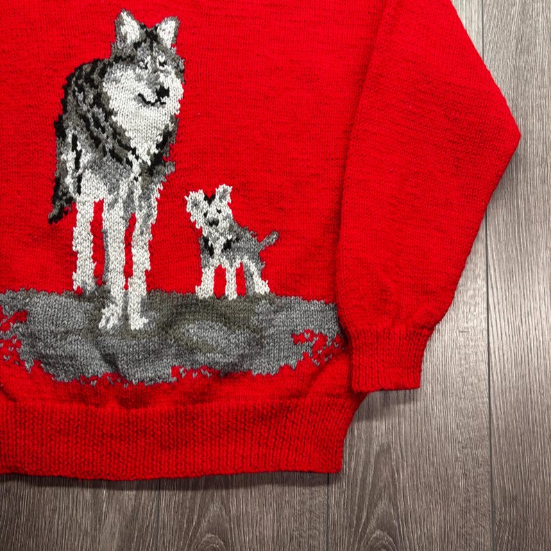 Suéter vintage de lobo de los años 90 tejido a mano, rojo mediano ...