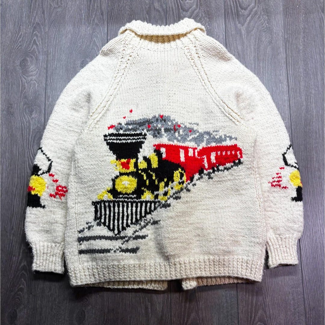 Vintage 60s Railroad Train Track Lantern Cowichan Knit Cardigan Sweater ...